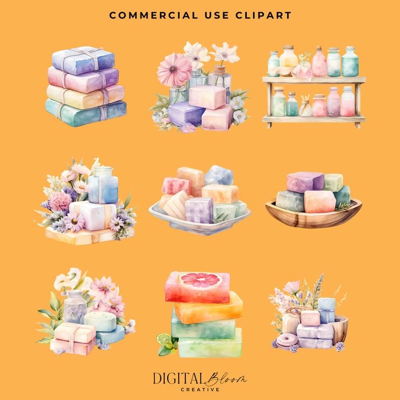 Handmade Soap Clipart Watercolor Bundle Bar of Herbal Fruit Soaps Spa ...