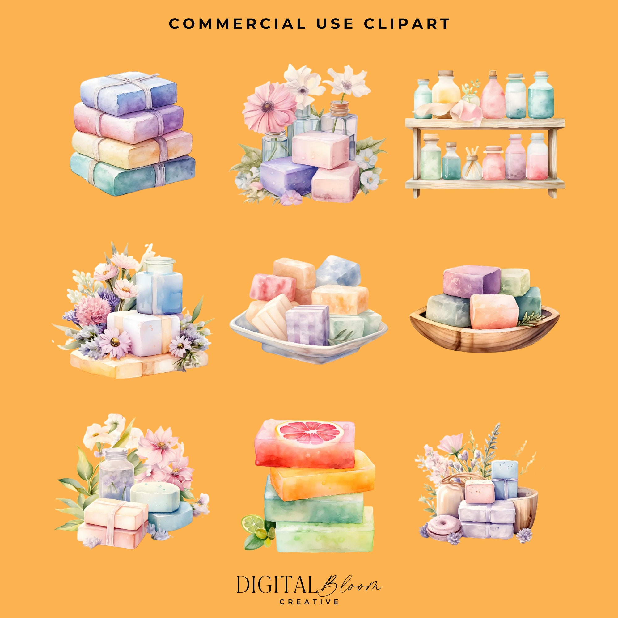 Handmade Soap Clipart Watercolor Bundle Bar of Herbal Fruit Soaps Spa ...