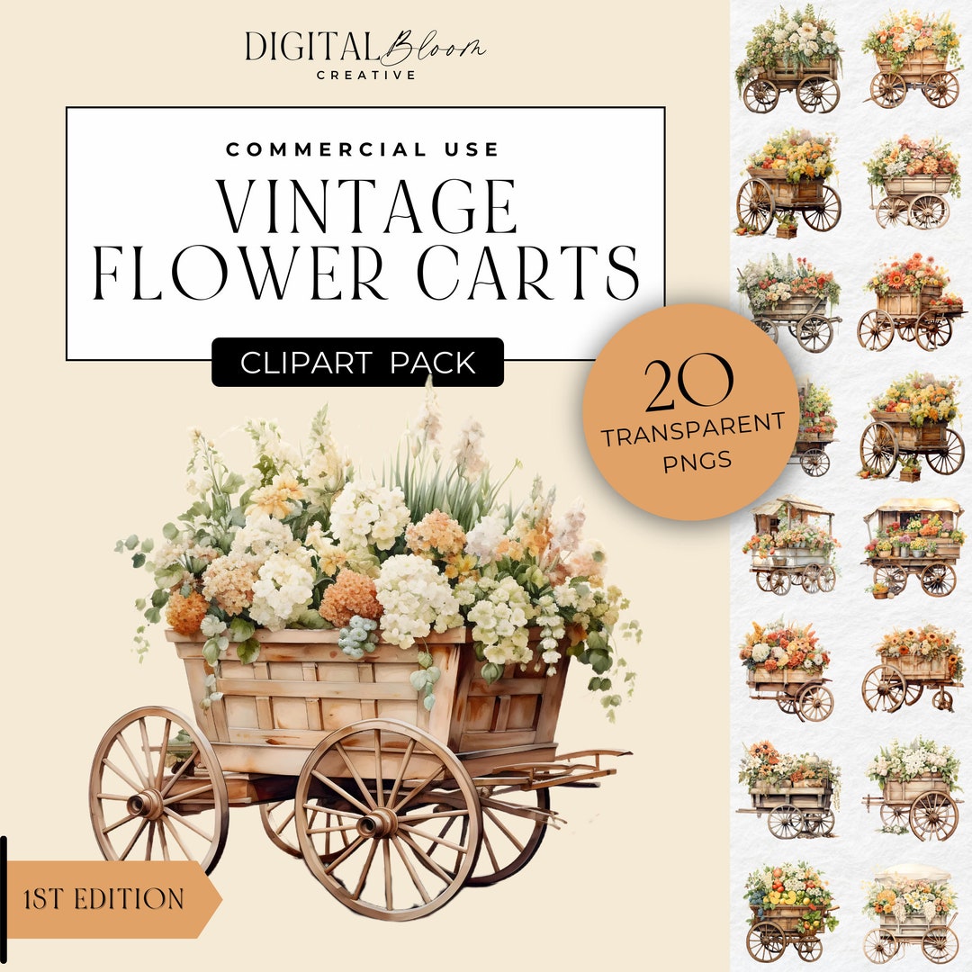 Flower Cart Clipart, Watercolor Floral Carts Clip Art, Vintage ...