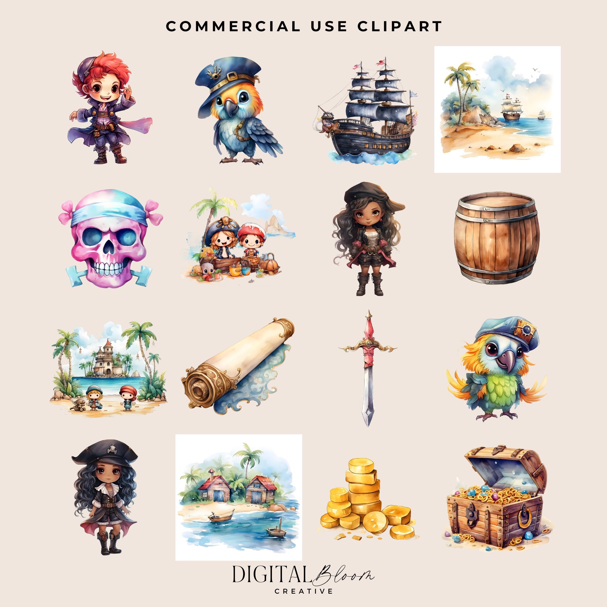 Kids Pirate Clipart, Buccaneer Ship, Treasure Map, Skull, Crossbones ...