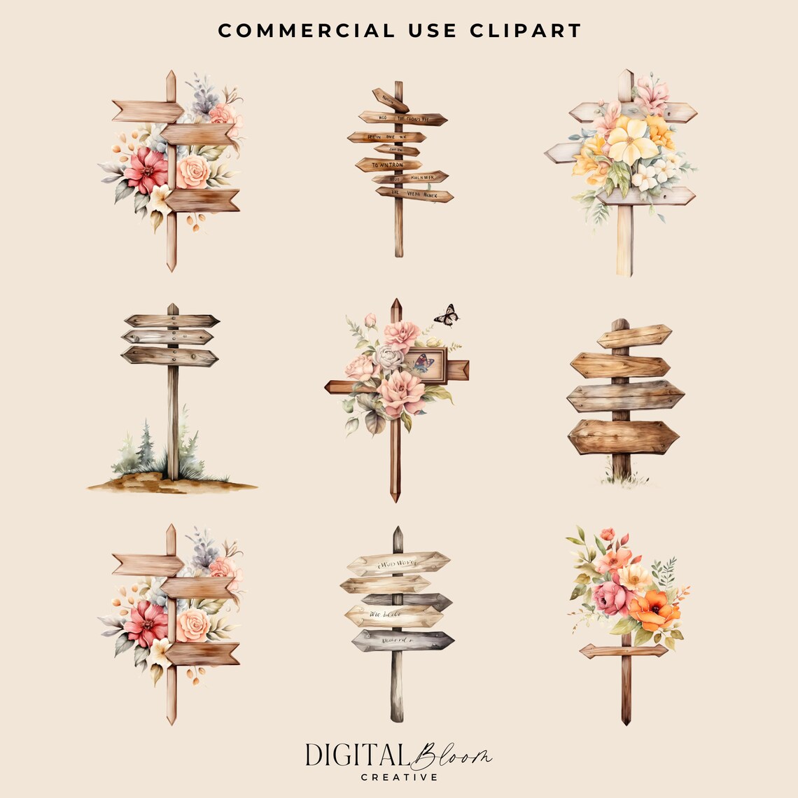 Directional Sign Clipart, Watercolor Wooden Sign Clip Art, Road Signs ...