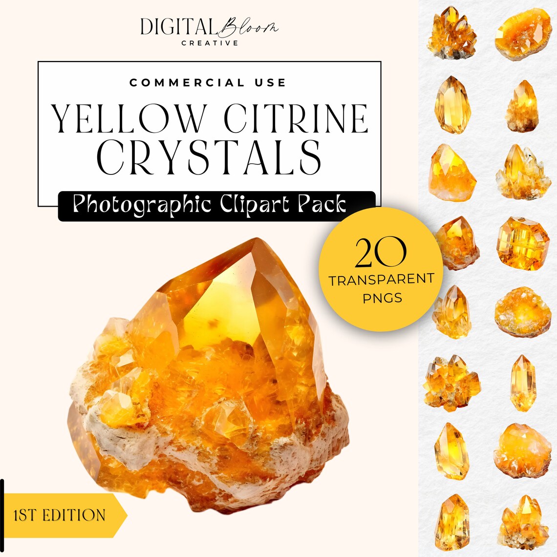 Yellow Citrine Crystal Clipart Realistic Gemstone PNG Healing Geode ...