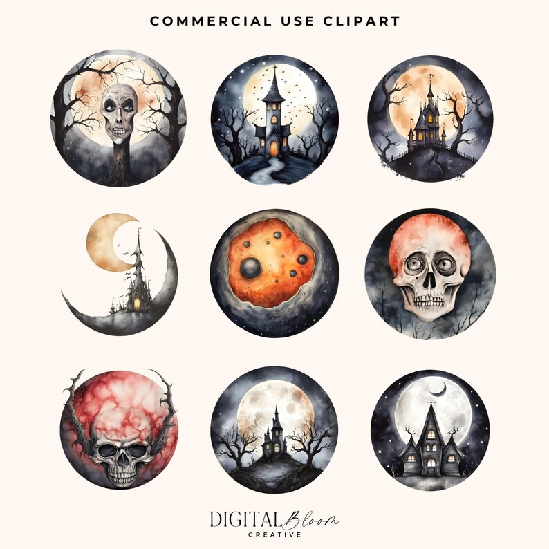 Full Moon Clipart Spooky Crescent Moon PNG Graphics Quirky Halloween Clip Art Watercolor Horror ...