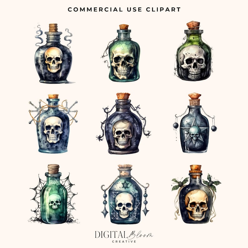 Magic Potion Clipart Spooky Bottles PNG Graphics Skull Bottle Halloween ...