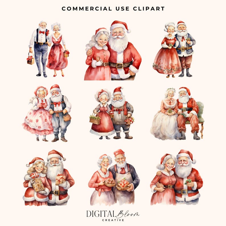 Mr & Mrs Santa Claus Clipart Watercolor Holiday Clip Art PNG Winter ...