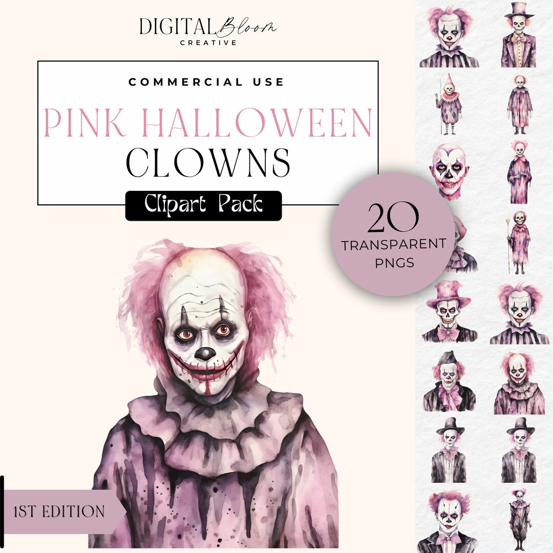 Pink Halloween Clowns Clipart Spooky PNG Graphics Circus Halloween Clip ...