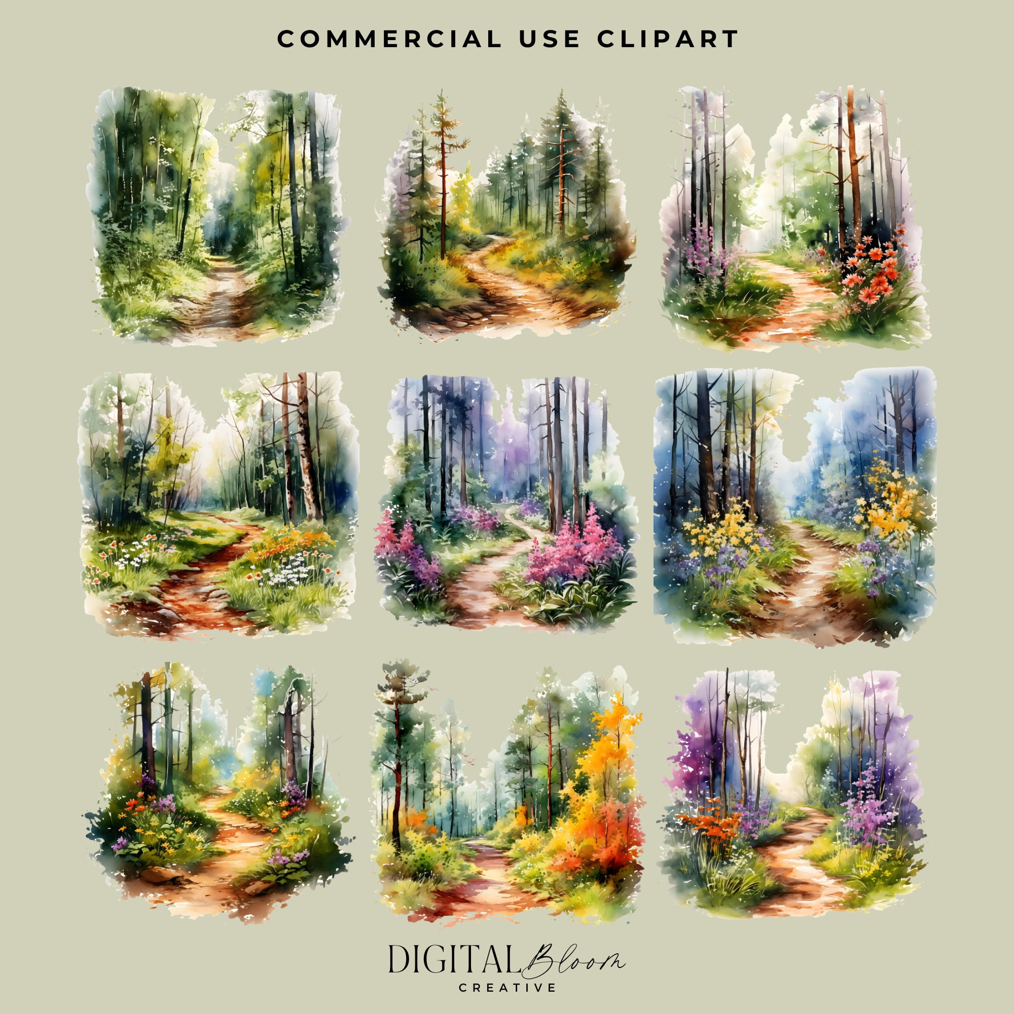 Watercolor Forest Path Clipart, Bright Woodland Landscape Clip Art ...