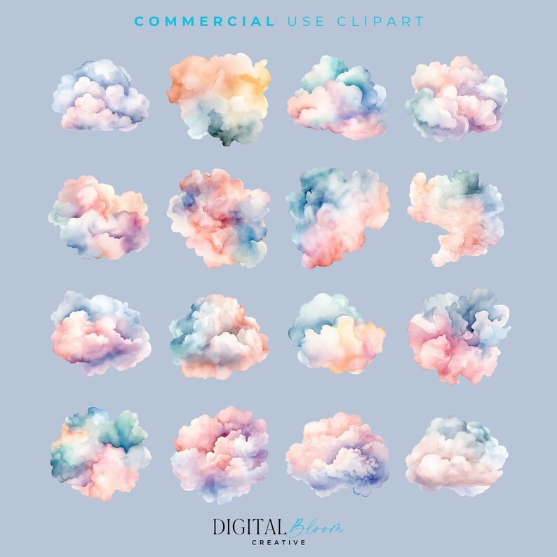 Cloud Clipart Commercial Use, Pastel Watercolor Clouds, Fluffy Cloud ...