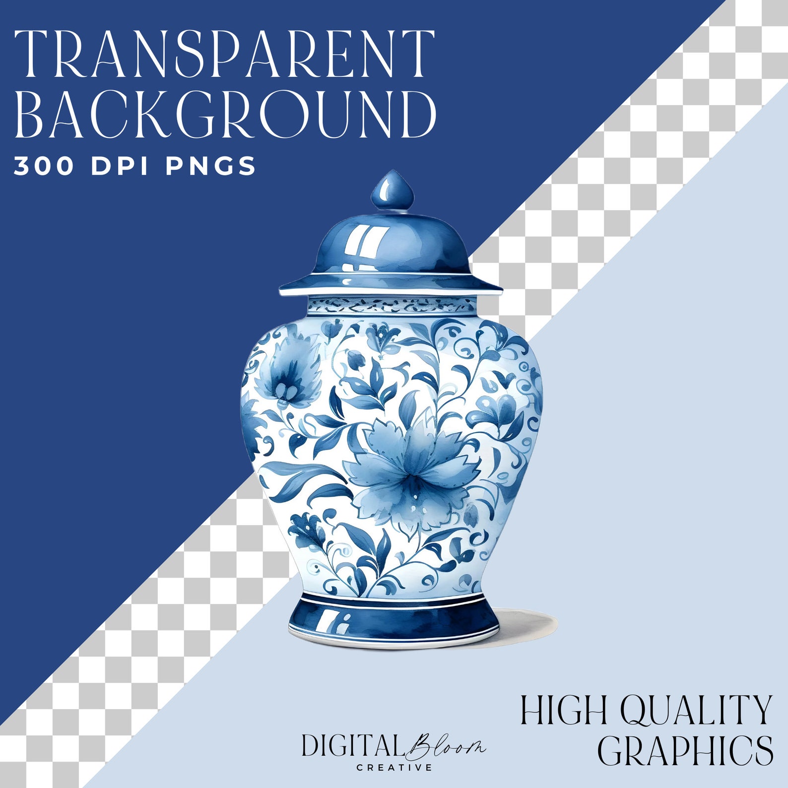 Chinoiserie Vase Clip Art Elegant Blue White Ginger Jar Porcelain Vase ...