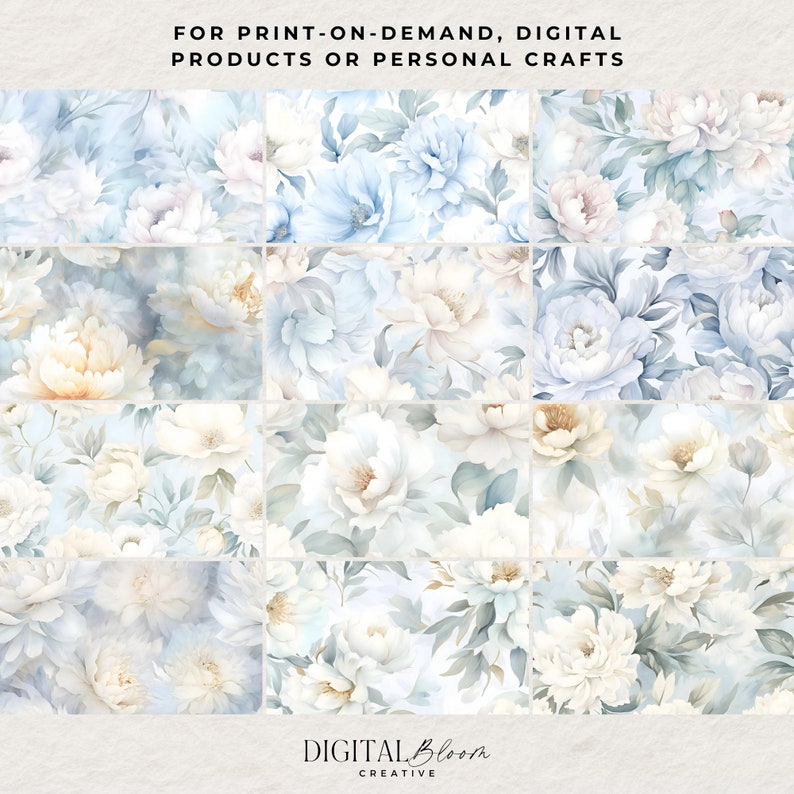 Dusty Blue Peony Digital Paper Pastel Peonies Seamless Pattern ...