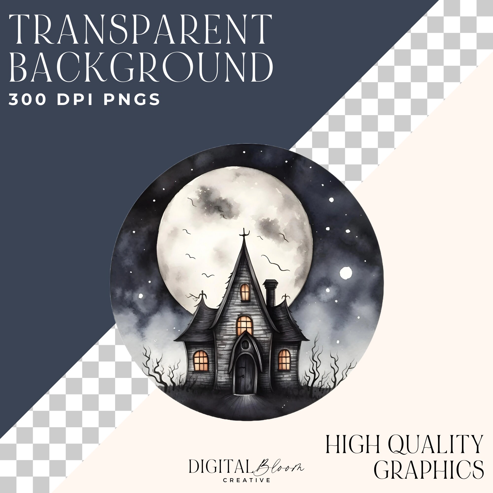 Full Moon Clipart Spooky Crescent Moon PNG Graphics Quirky Halloween ...
