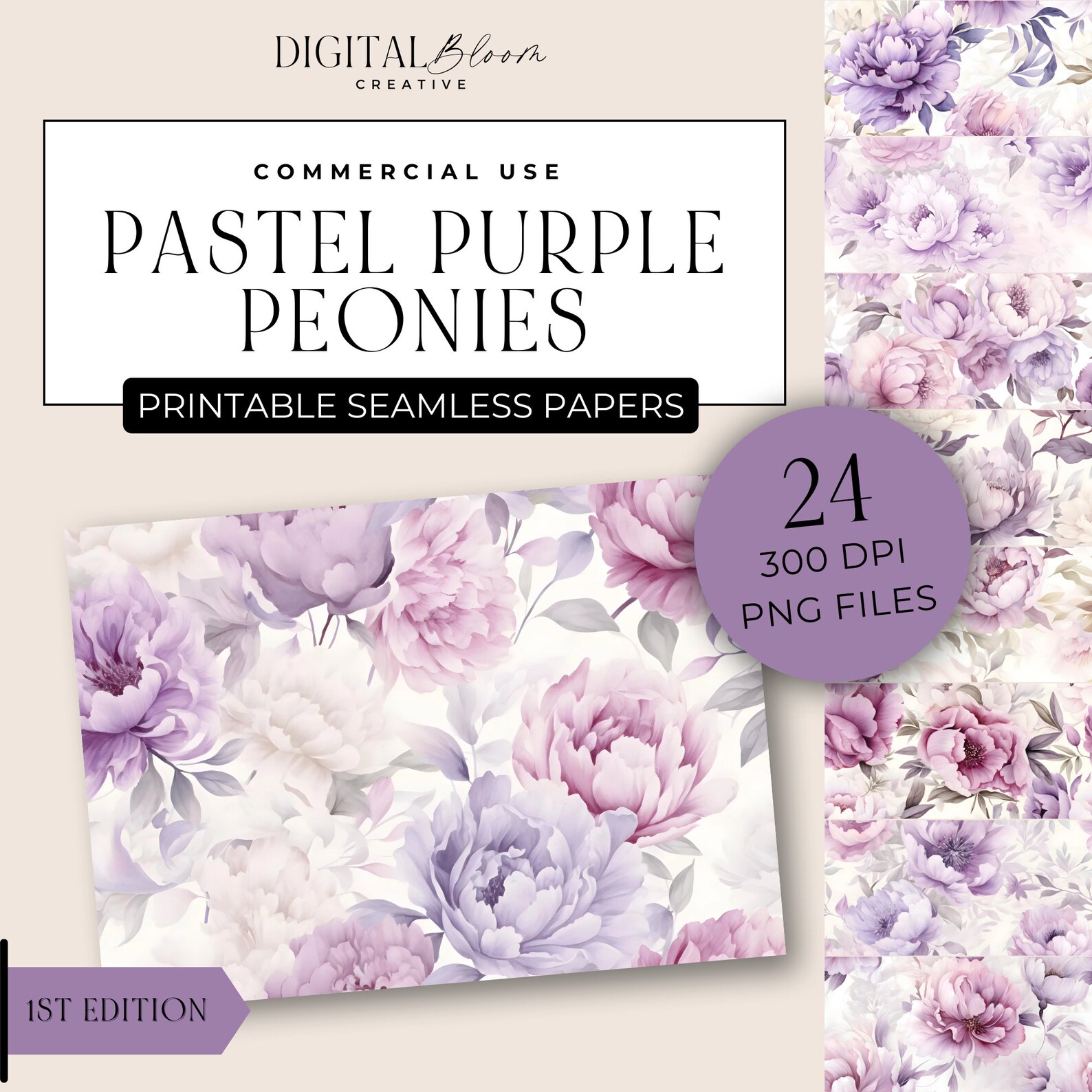 Purple Peony Digital Paper Pastel Peonies Seamless Pattern Background ...