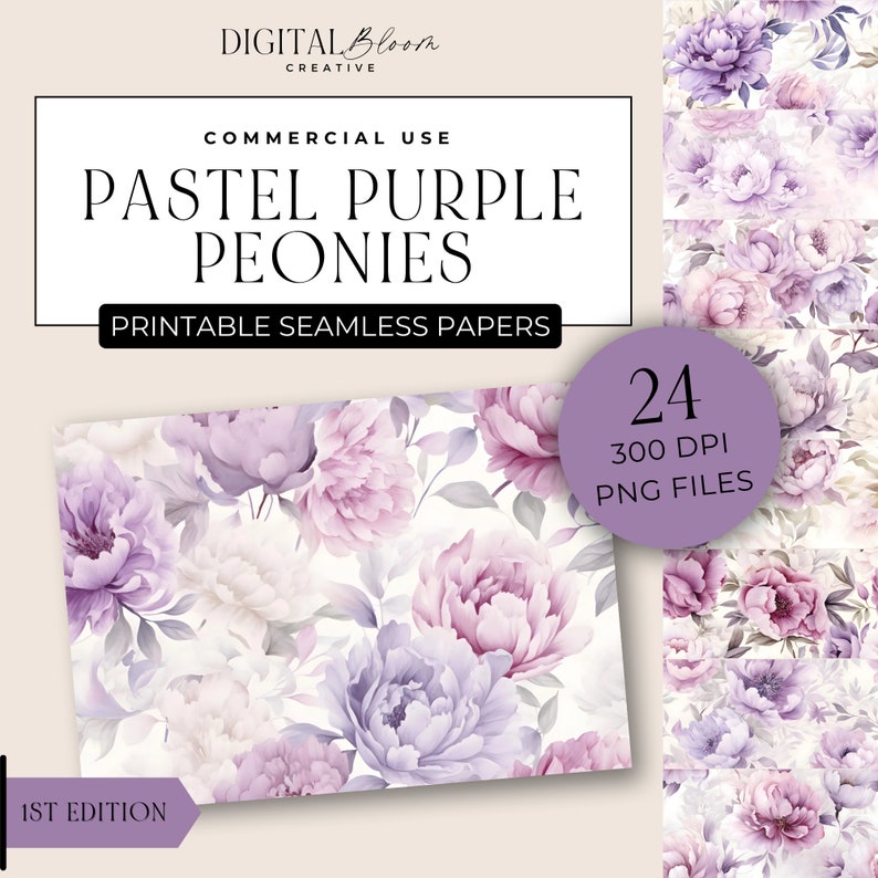 Purple Peony Digital Paper Pastel Peonies Seamless Pattern Background ...