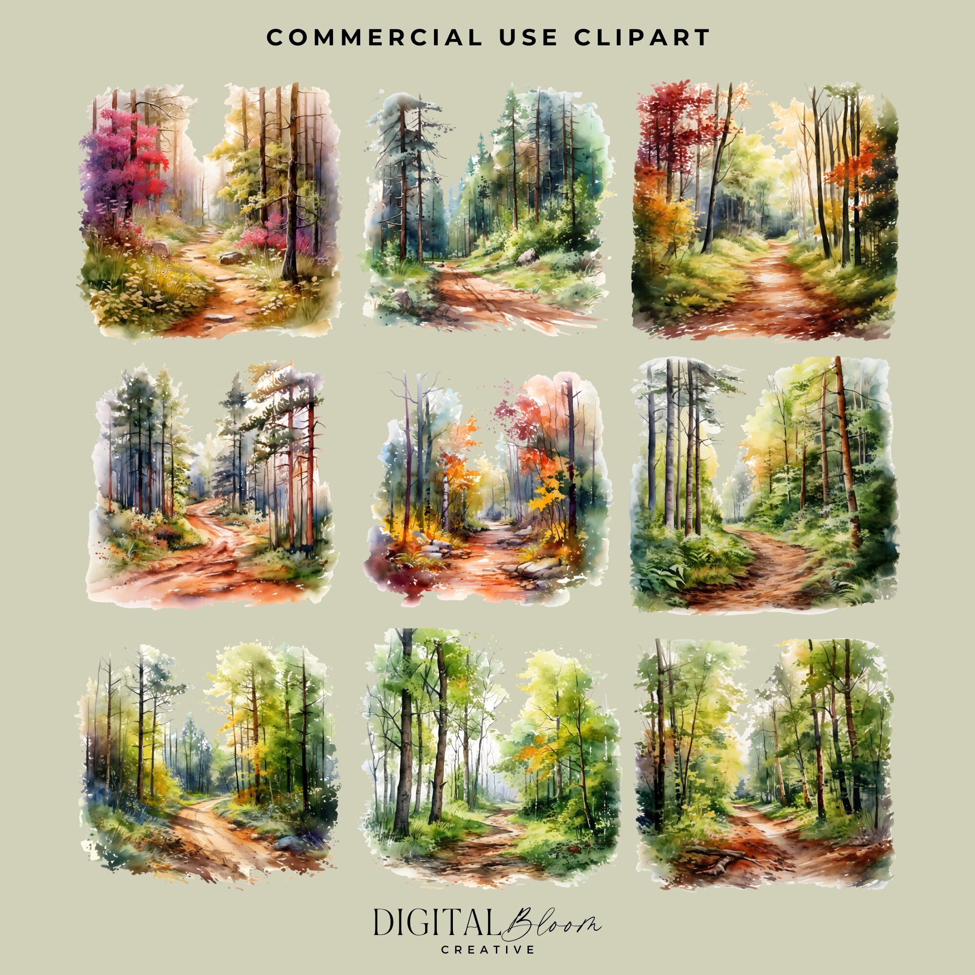 Watercolor Forest Path Clipart, Bright Woodland Landscape Clip Art ...