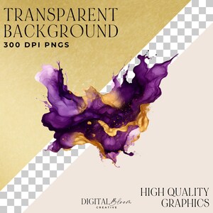 Purple & Gold Alcohol Ink Splashes, Watercolor Paint Splatter, Abstract ...