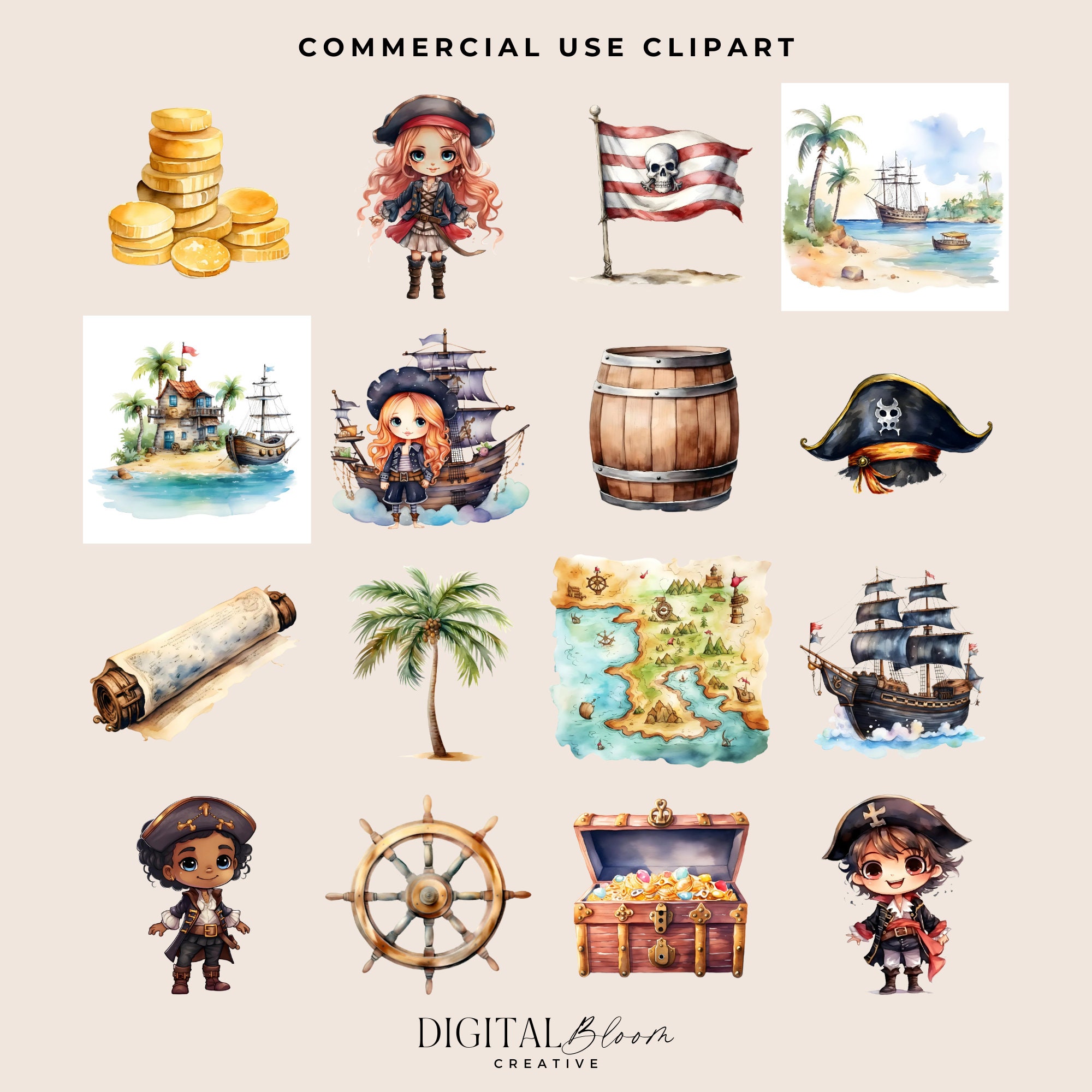 Kids Pirate Clipart, Buccaneer Ship, Treasure Map, Skull, Crossbones ...