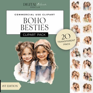 Boho Best Friends Clipart PNG Watercolor Besties Clip Art Family ...