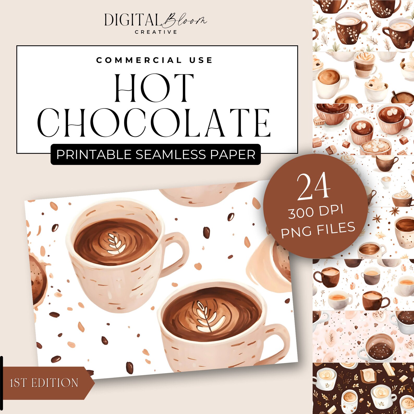 Hot Chocolate Digital Paper Seamless, Hot Cocoa Scrapbooking Background ...