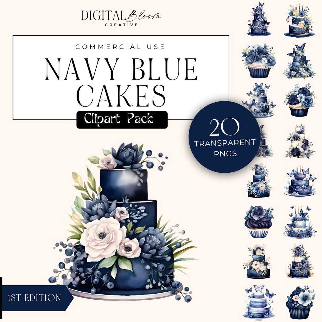 Navy Blue Wedding Cake Clipart Watercolor Birthday Cupcakes Bakery ...