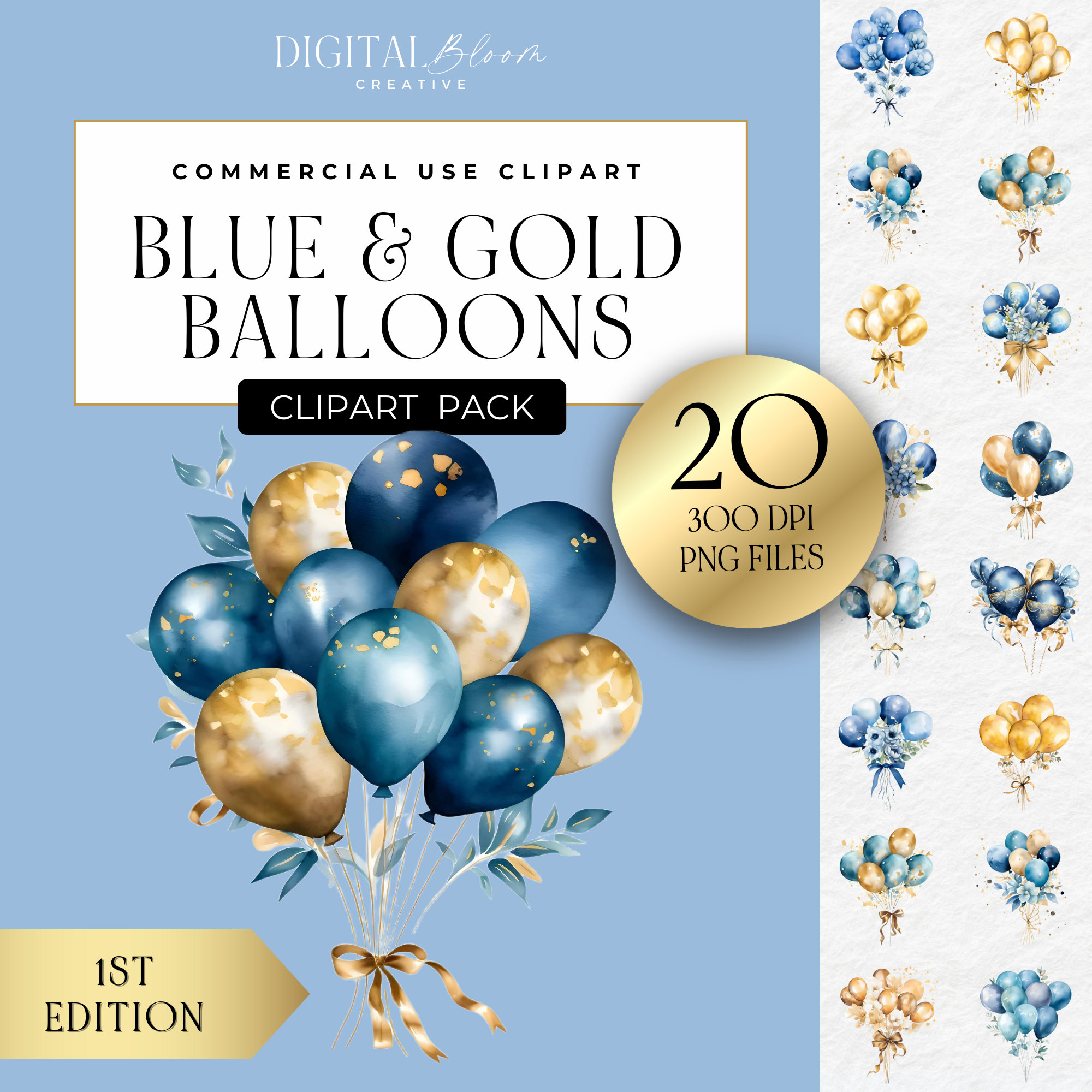 Blue and Gold Balloon Clipart, Watercolor Glitter Balloons Graphics ...