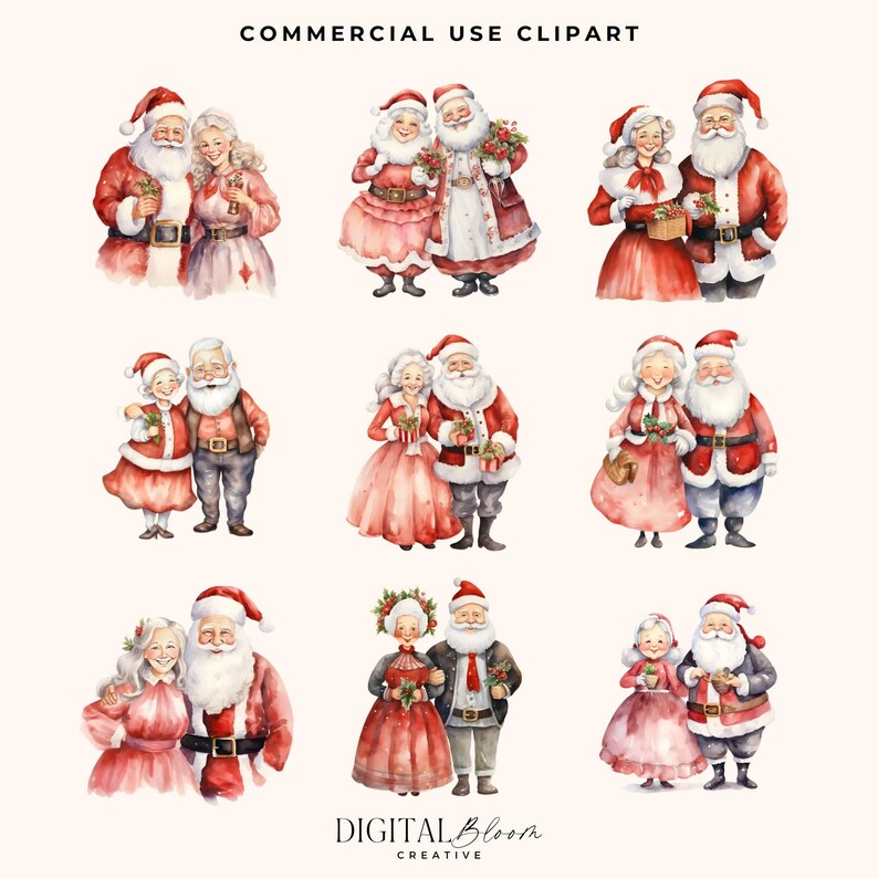 Mr & Mrs Santa Claus Clipart Watercolor Holiday Clip Art PNG Winter ...