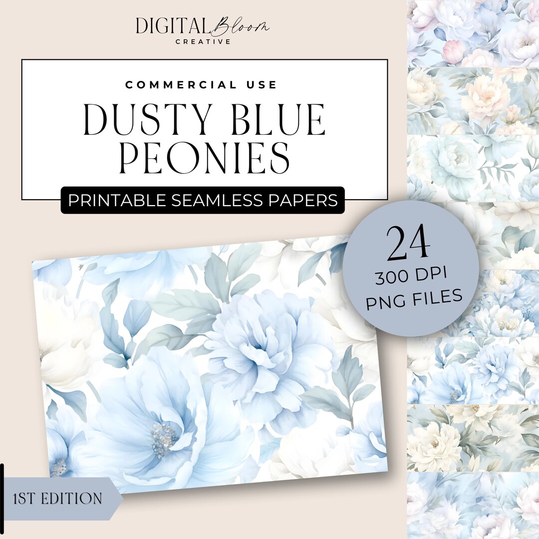 Dusty Blue Peony Digital Paper Pastel Peonies Seamless Pattern ...