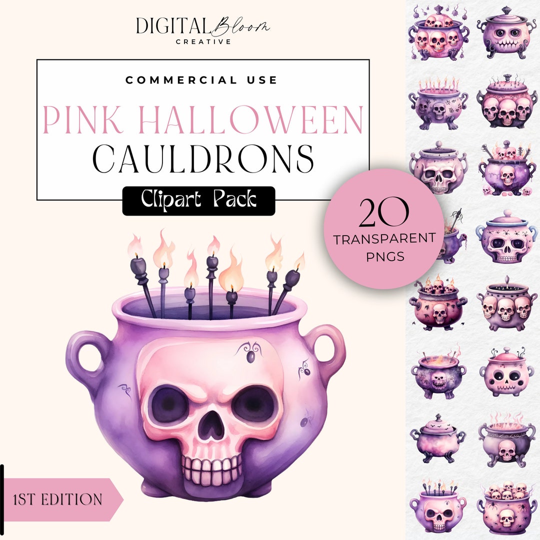 Pink Halloween Cauldron Clipart Spooky PNG Graphics Cute Halloween Clip ...
