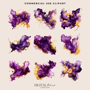 Purple & Gold Alcohol Ink Splashes, Watercolor Paint Splatter, Abstract ...