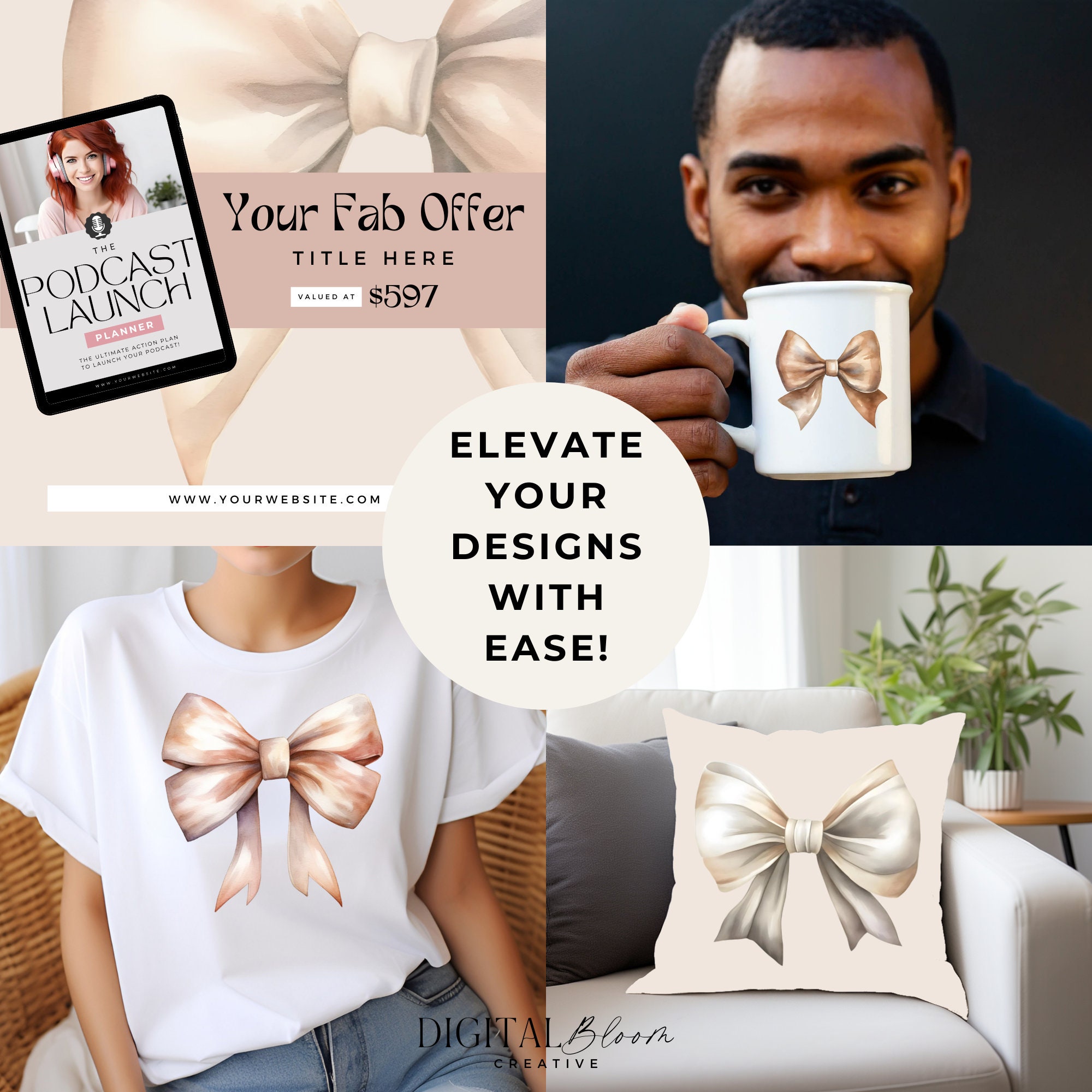 Neutral Bows Clipart, Bow PNG Graphics, Coquette Bows, Baby Shower ...