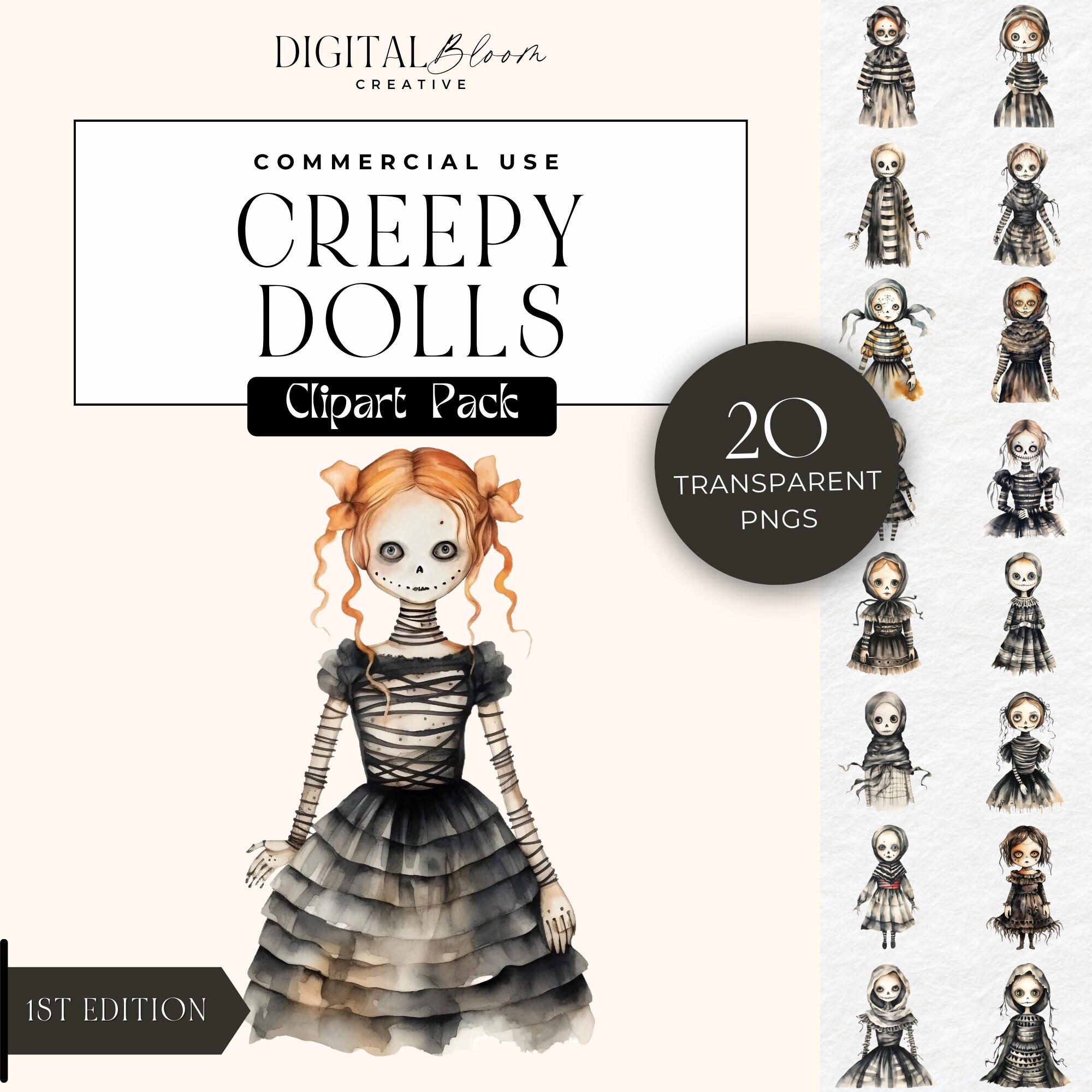 Creepy Doll Clipart Spooky Girl PNG Graphics Quirky Halloween Clip Art ...