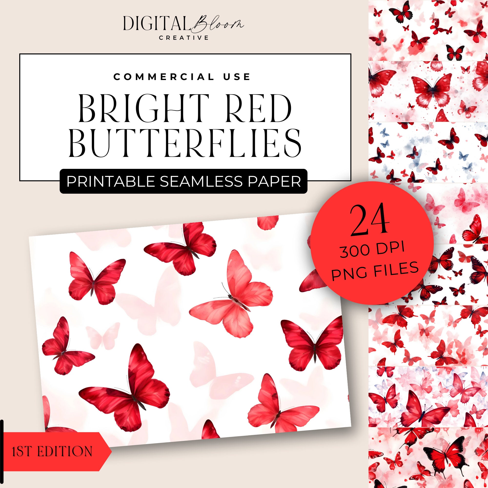 Red Butterfly Digital Paper Seamless Bright Butterflies Pattern ...