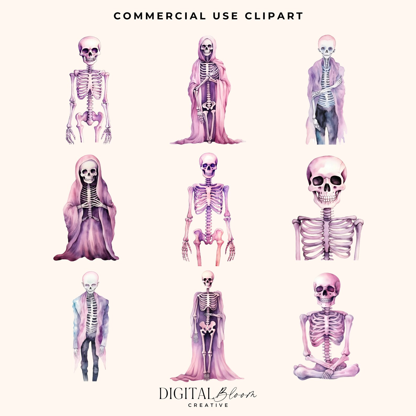 Pink Halloween Skeleton Clipart Spooky PNG Graphics Halloween Skull ...