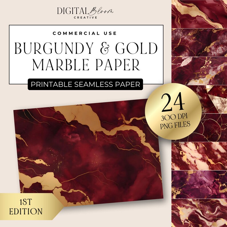 Burgundy Gold Marble Seamless Paper, Repeating Pattern Digital ...
