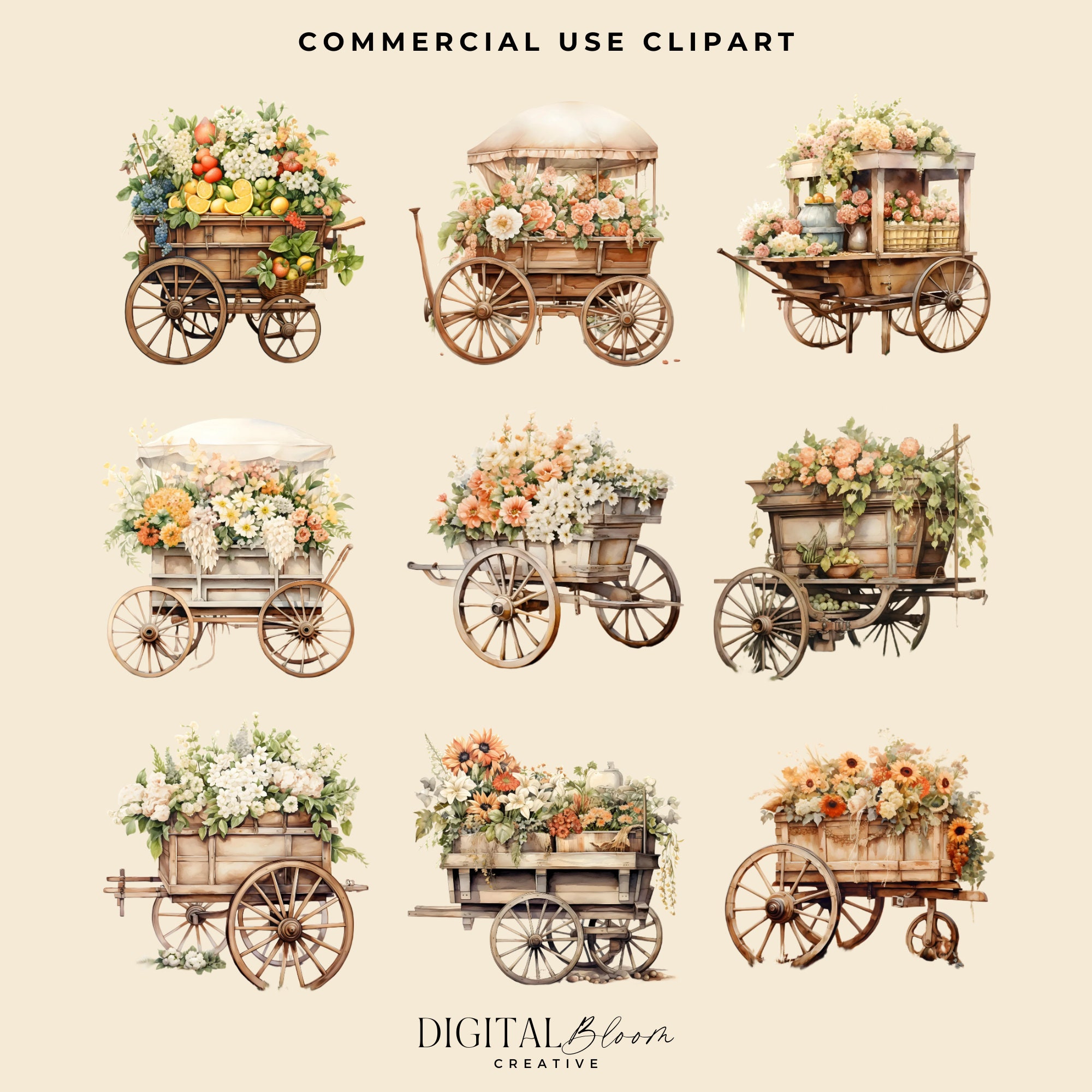 Flower Cart Clipart, Watercolor Floral Carts Clip Art, Vintage ...