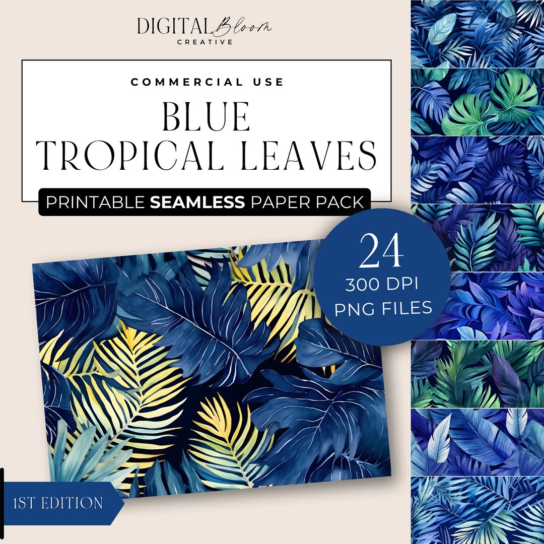 Blue Tropical Leaves Digital Paper Organic Summer Palm Leaf Seamless ...