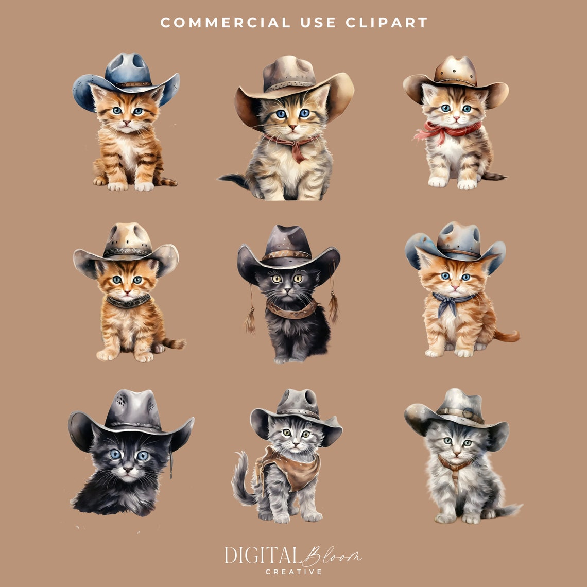 Cowboy Kittens Clipart, Watercolor Cat With Hat, Western Pets Clip Art ...