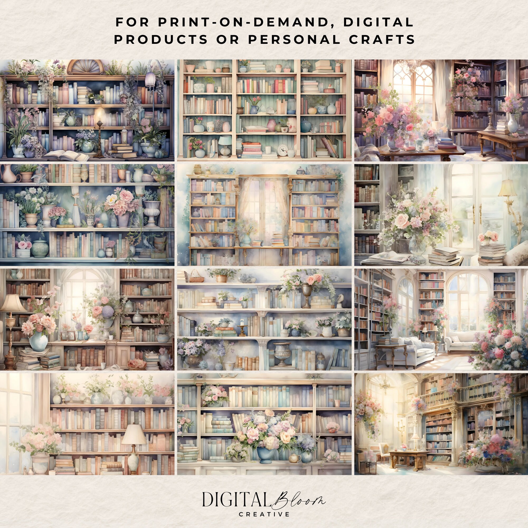 Library Scene, Digital Paper, Bookshelves Background, Books & Flowers ...