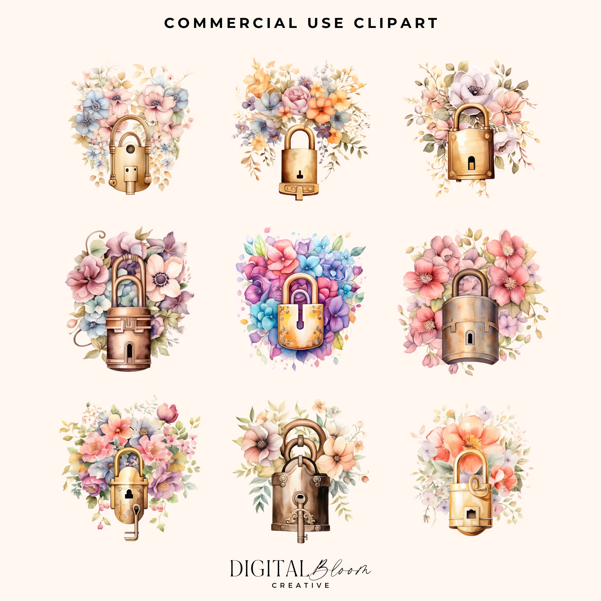 Floral Lock Clipart Watercolor Padlock With Flowers Vintage Locks ...