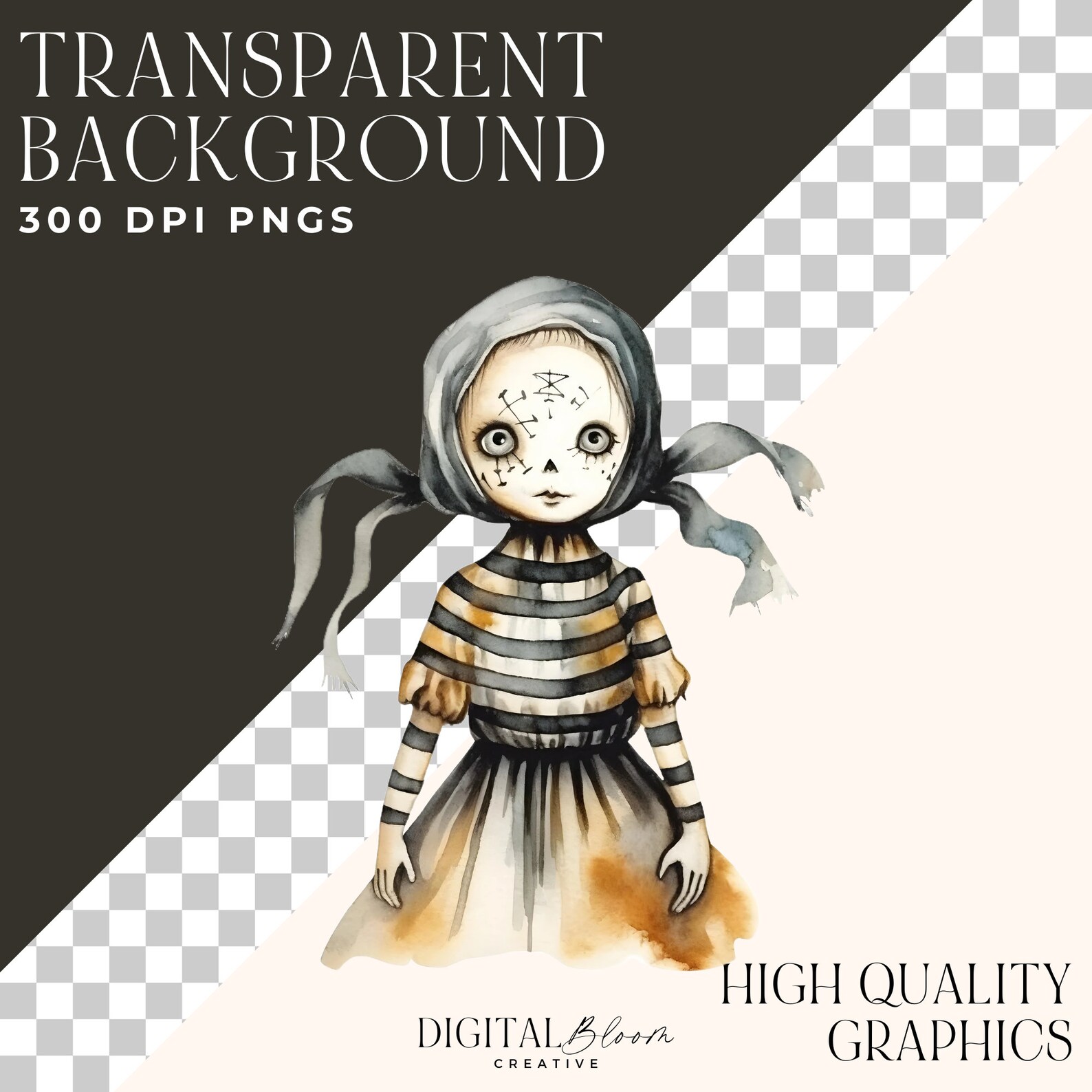 Creepy Doll Clipart Spooky Girl PNG Graphics Quirky Halloween Clip Art ...