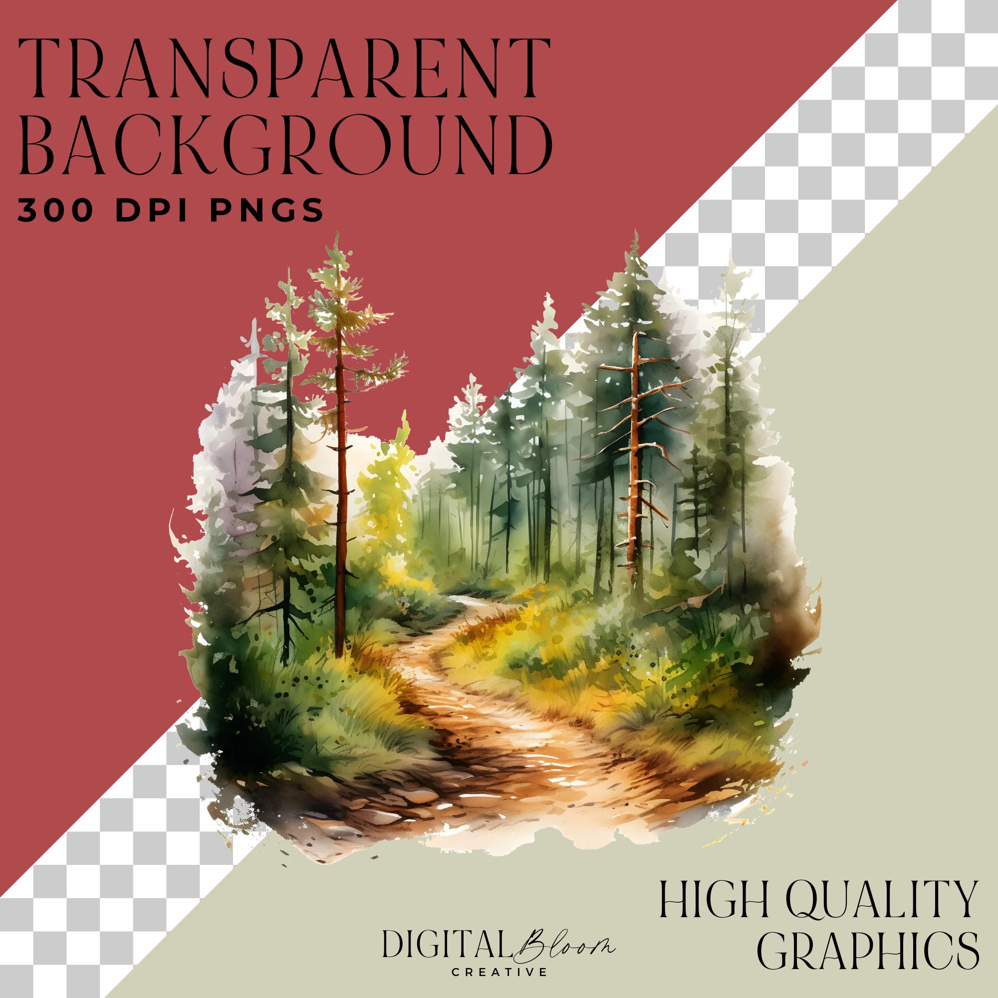 Watercolor Forest Path Clipart, Bright Woodland Landscape Clip Art ...