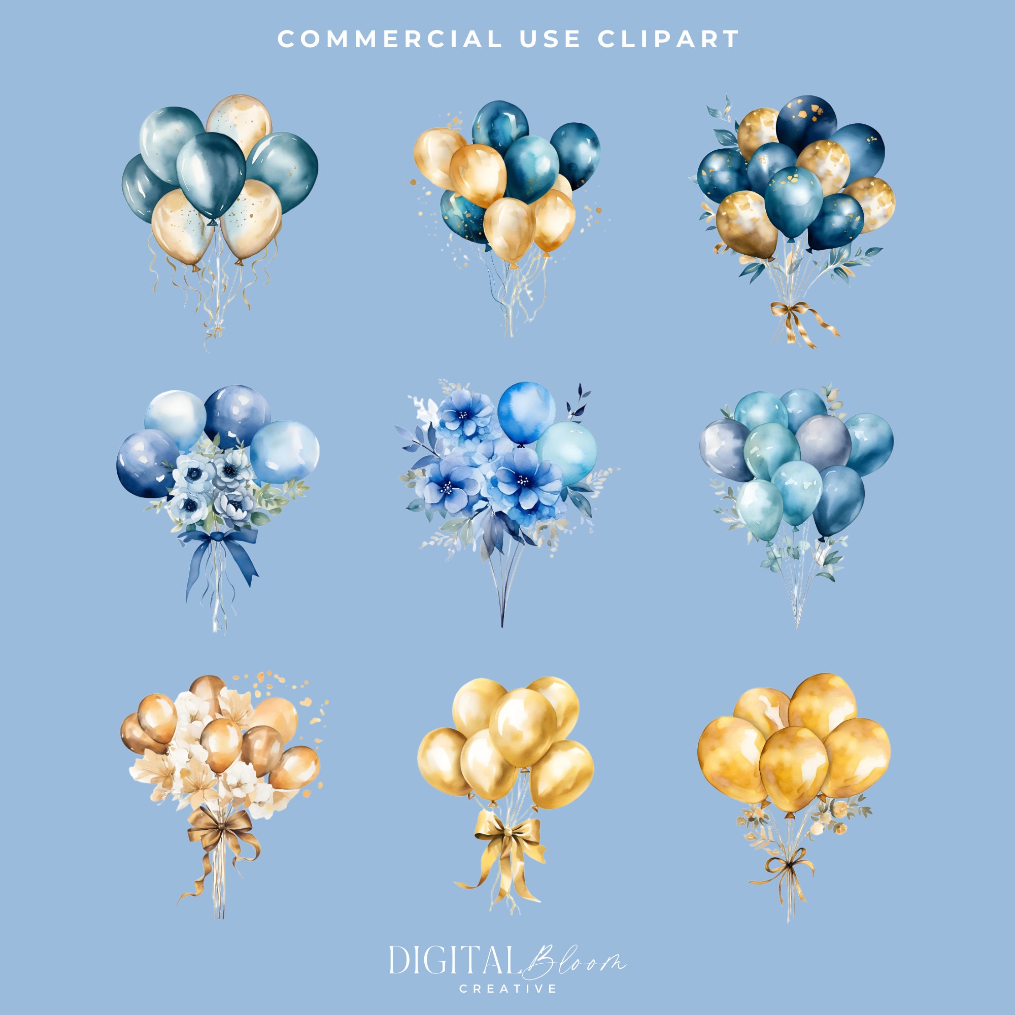 Blue and Gold Balloon Clipart, Watercolor Glitter Balloons Graphics ...