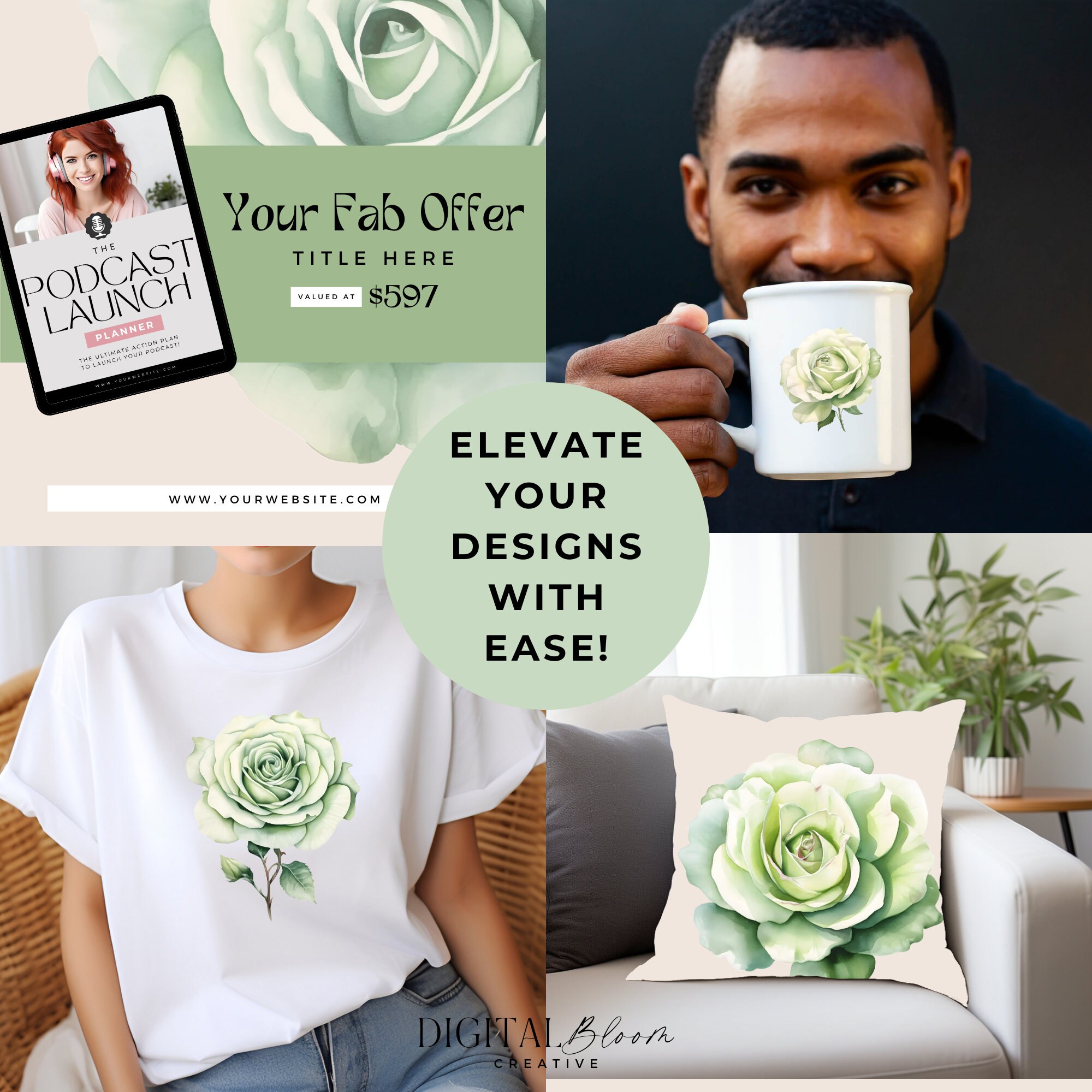 Pastel Green Rose Flower Clipart Floral Baby Shower Roses PNG Graphics ...