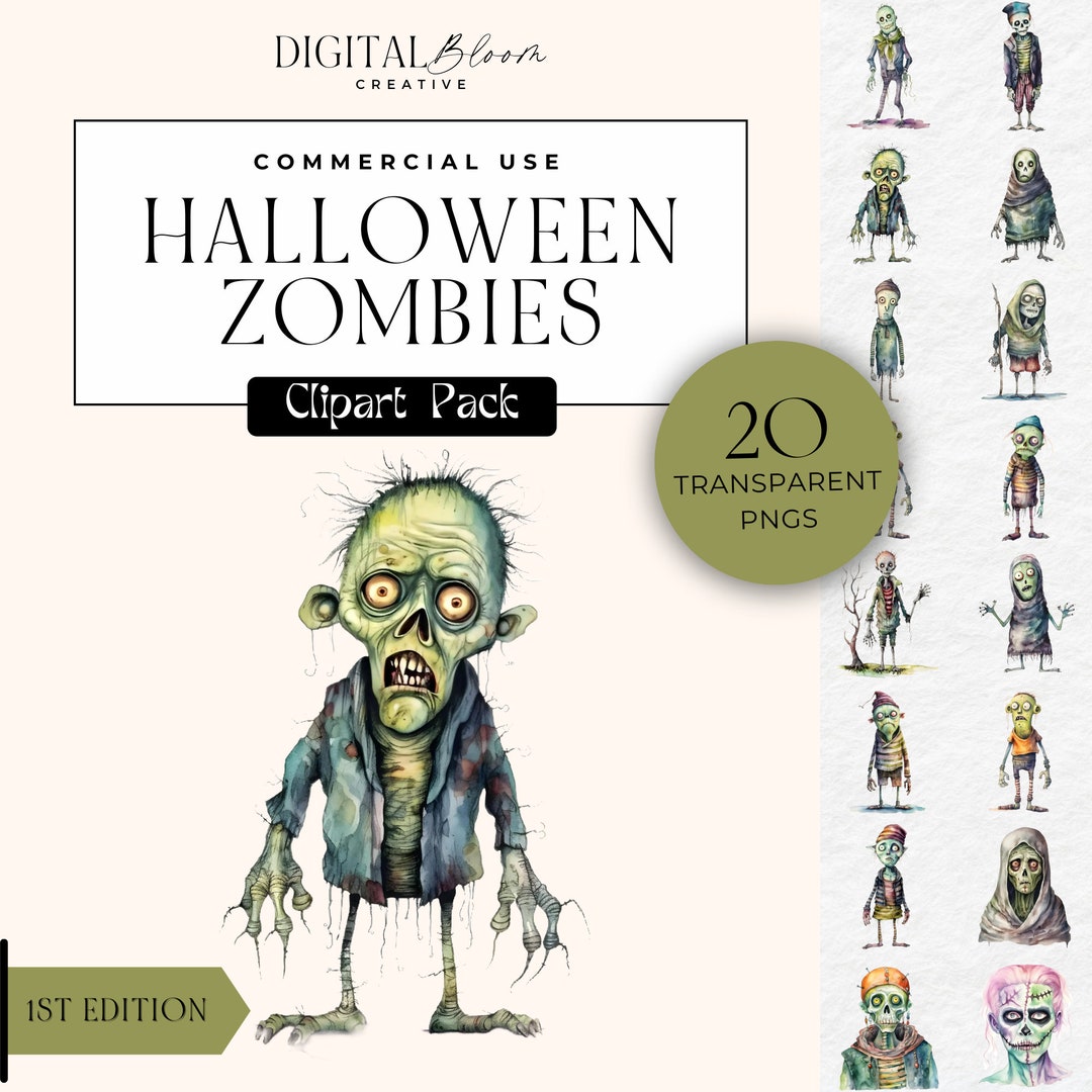 Halloween Zombie Clipart, Spooky Graphics, Scary Watercolor Zombies ...