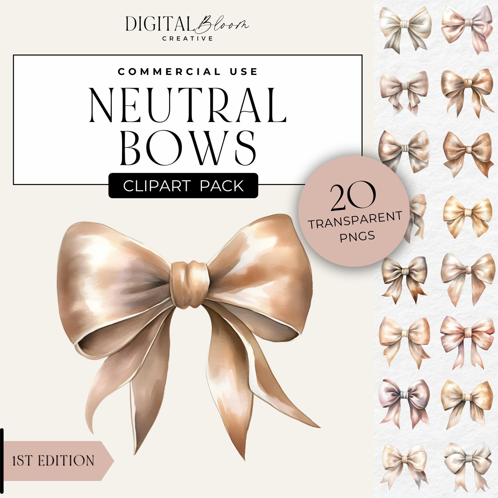 Neutral Bows Clipart, Bow PNG Graphics, Coquette Bows, Baby Shower ...