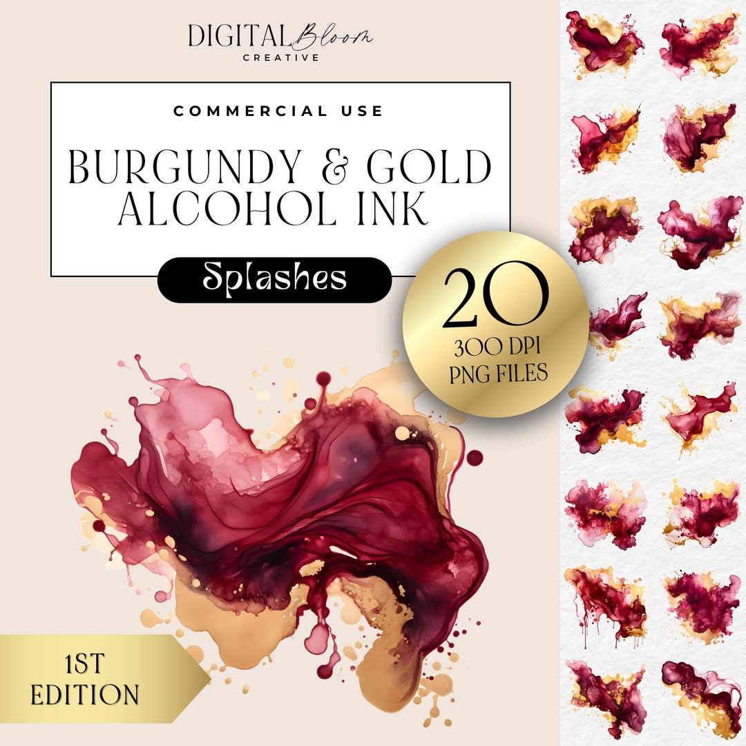 Burgundy Gold Alcohol Ink Splashes, Watercolor Paint Splatter, Abstract ...
