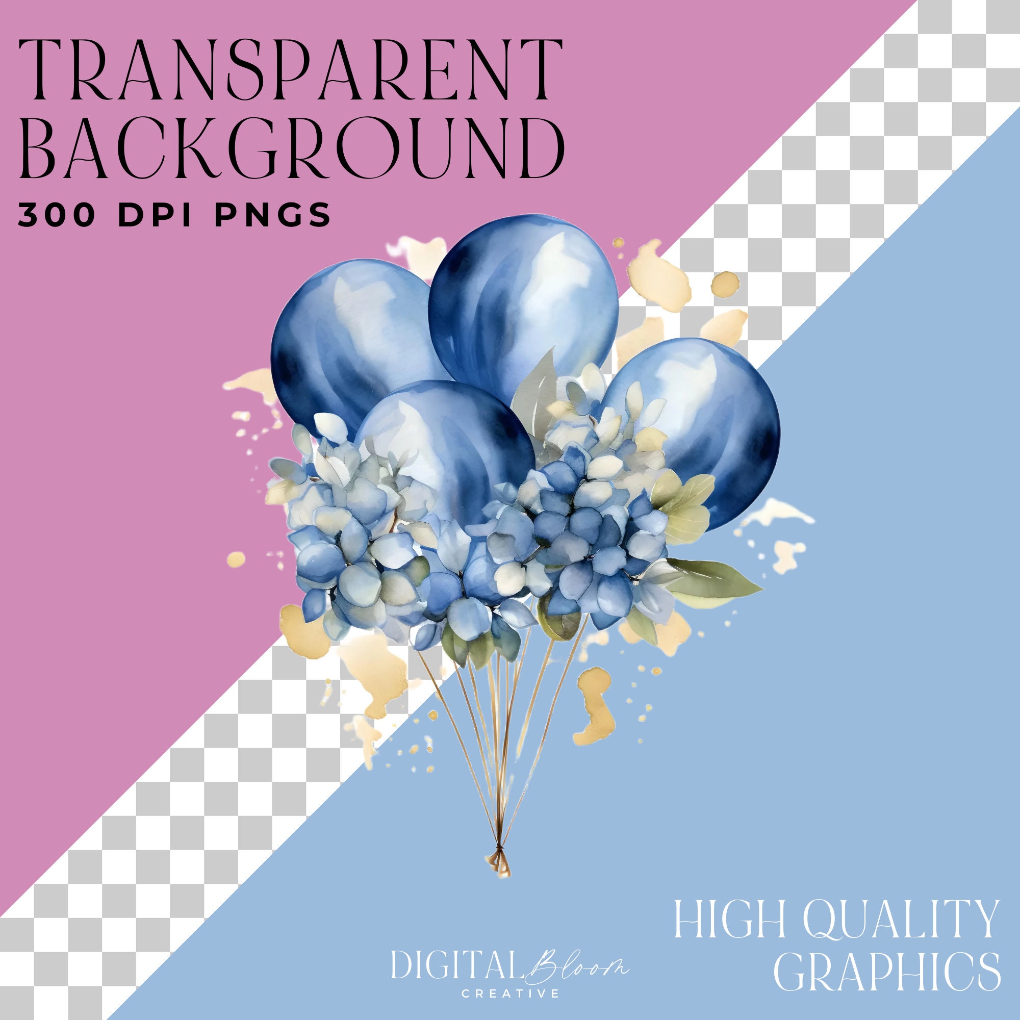 Blue and Gold Balloon Clipart, Watercolor Glitter Balloons Graphics ...