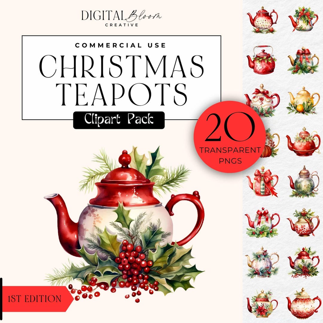 Christmas Teapot Clipart Png Printables Festive Vintage Watercolor ...