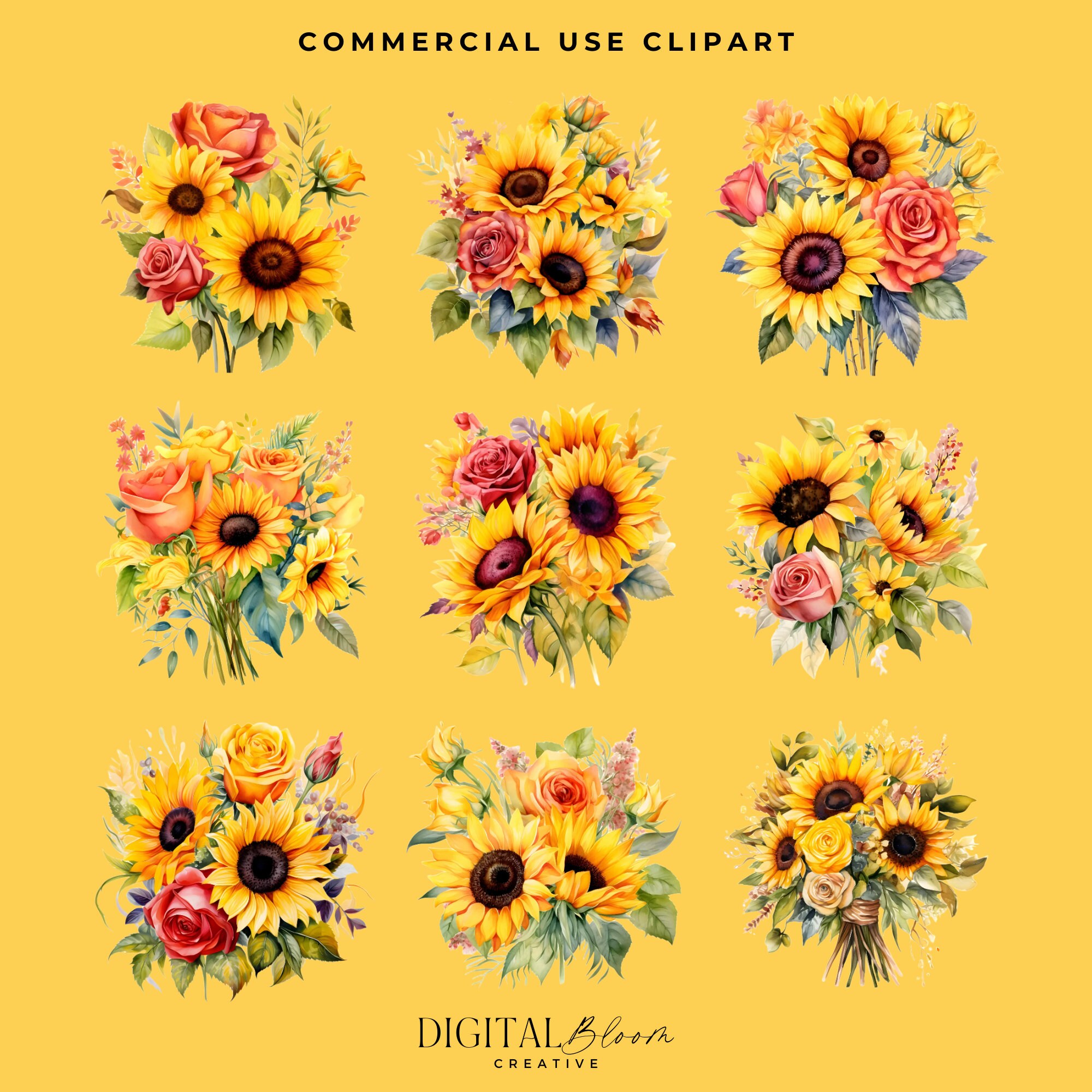 Sunflower and Rose Clipart Floral Bright Red Roses Yellow Sun Flowers ...