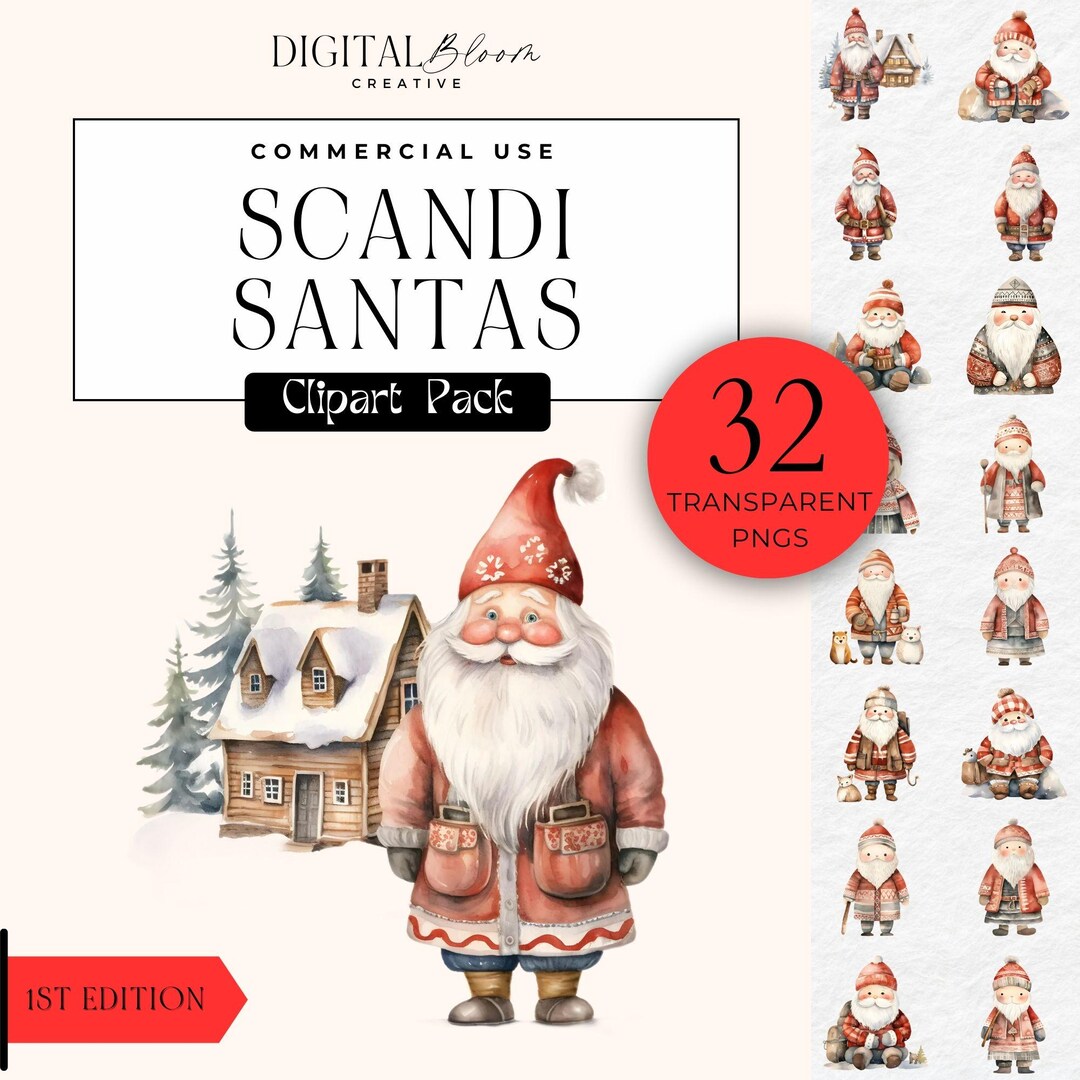 Scandi Santa Clipart Watercolor Nordic Holiday Clip Art PNG Winter ...