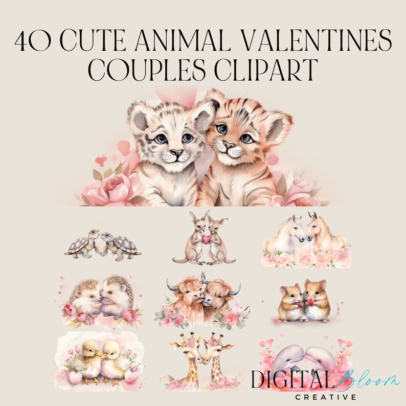 Watercolor Cute Animal Couples, Valentine, Spring, Bundle, Clipart for ...